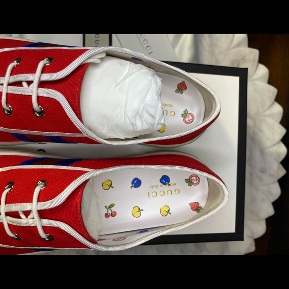 Gucci | Shoes | Gucci Red Canvas Striped Fruit Low Top Sneaker Nwt ...